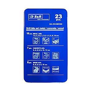 S&R Metal Concrete Masonry Drill Bit Set 23 Pcs. Multi Functional: 10 Metal Drills HSS M2 Steel / 7 Concrete Drills / 6 Wood Drills/Bits Set in Metal Box Multi-Purpose