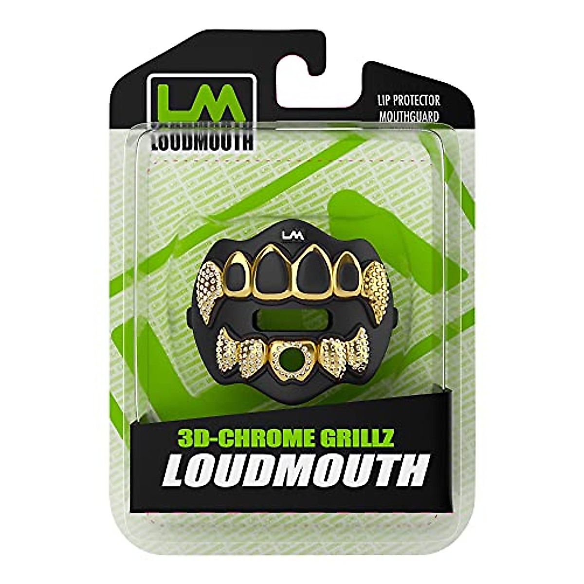 Loudmouth Football Mouth Guard - 3D Chrome Grillz Football Mouthpiece, Fits Adult & Youth, Mouth Guard Football Accessories (3D Grillz Bling - Chrome Black/Gold)