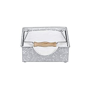 Walford Home Galvanized Metal Napkin Holder – Rustic Farmhouse Table Caddy with Decorative Arm – Storage for 50 Paper Square or Luncheon Napkins - Vintage Style Napkin Organizer Tray
