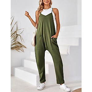 Wyeysyt Womens Casual Jumpsuits Sleeveless Loose Adjustable Strap Overalls Wide Leg Baggy Bibs Romper Pants with Pockets(ArmyGreen-M)