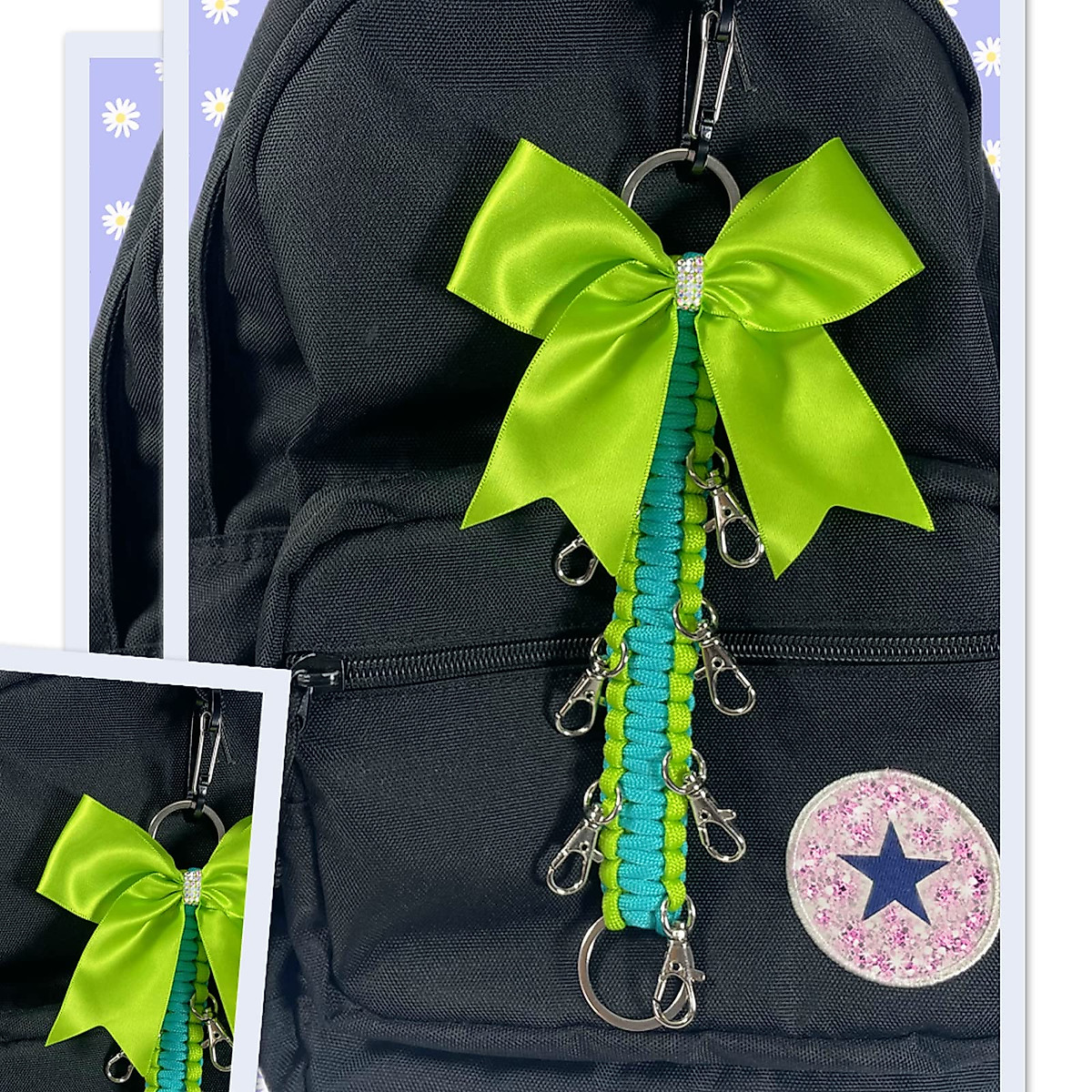 Cheer Bow Holder, 2 Pack Cheer Bow Keychains, Cheer Stuff Cheerleading Accessories, Paracord for Girls, Cheer Bow Holder for Backpack - Green Bow