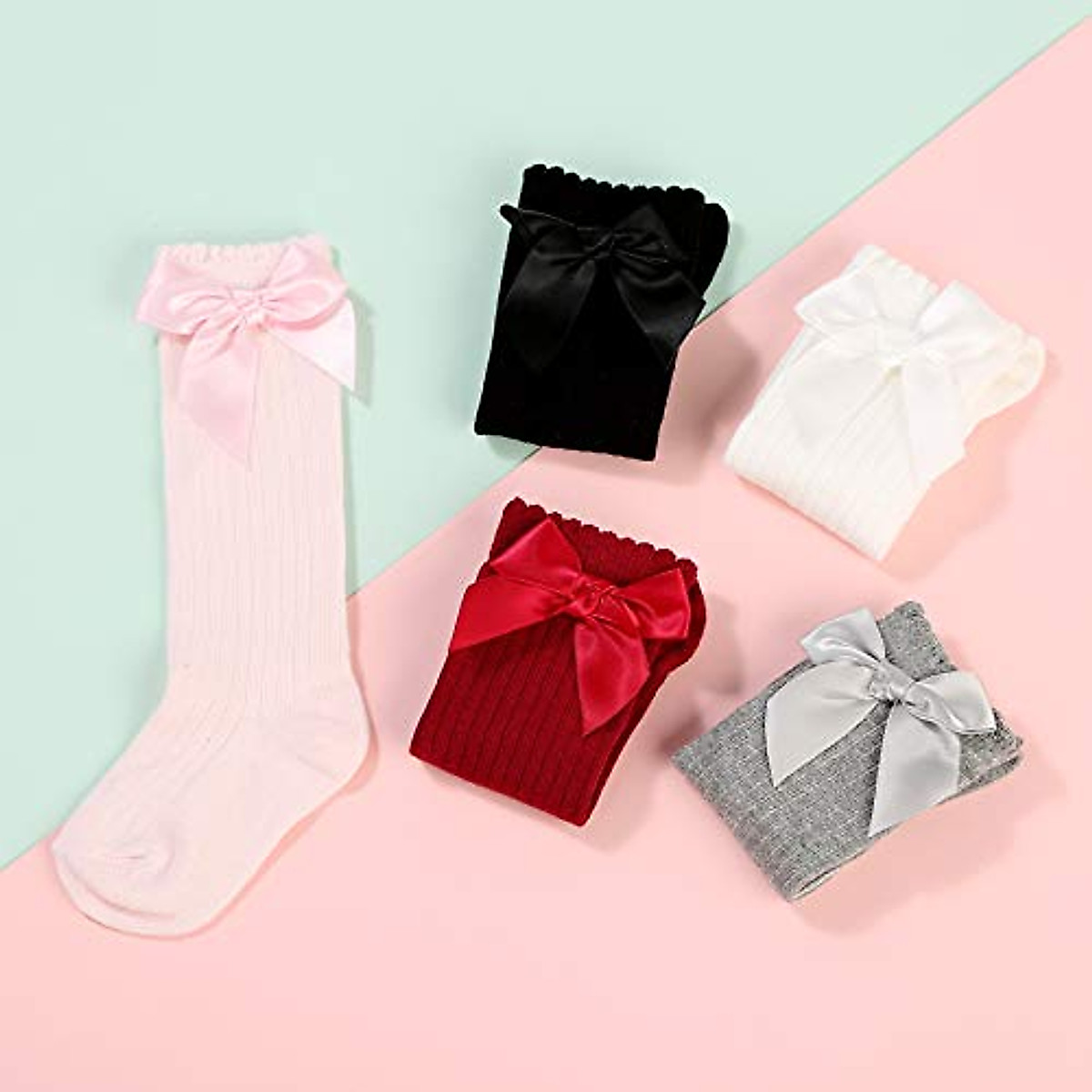 BSMTEBN 5Pairs Baby Kids Cotton Soft Breathable Knee-High Over Calf Socks Girls Striped Bowknot Bow Cute School Socks Infant Newborn Leg Warmers Stockings (M(2-4 Years))