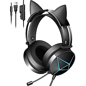 Cat Ear Headphones with Noise Canceling Microphone and Surround Sound, Gaming Headset with Removable Cat Ears, LED Lights, Compatible with PC, Xbox One, PS4, PS5, Switch, Black Gamer Headset Wired