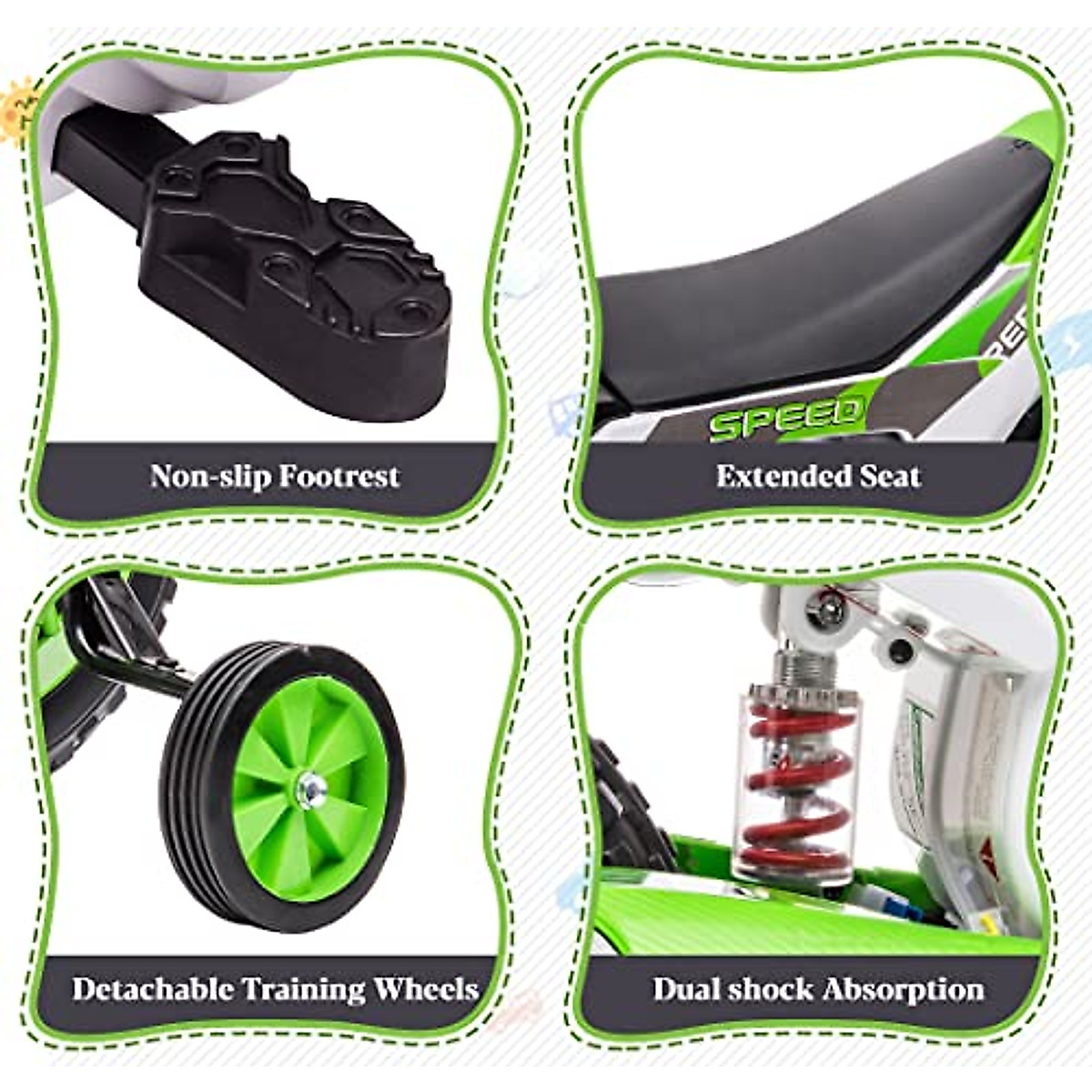 TOBBI Electric Motorcycle for Kids 12V Dirt Bike Ride on Toy Battery Powered Motorbike Off-Road Motocross Kid Motorized Vehicles w/ 2 Speeds, 35W Dual Motors, Training Wheels, Green