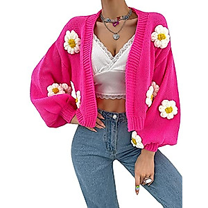 MakeMeChic Women's Floral Applique Lantern Sleeve Open Front Cropped Cardigan Sweater Hot Pink L