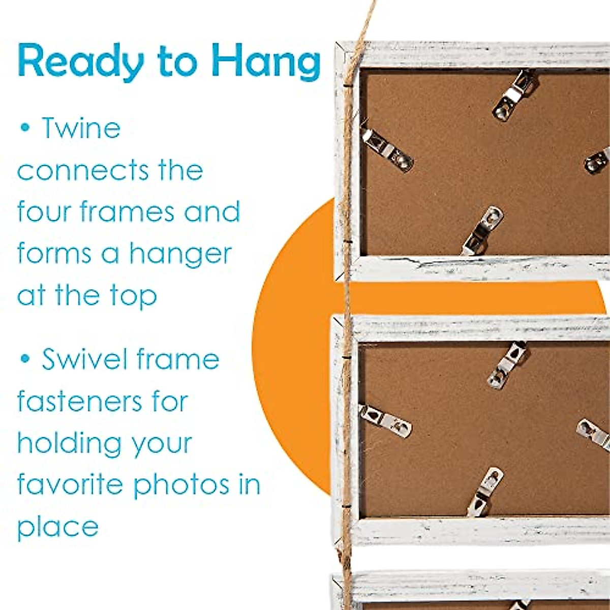 Houseables Collage Picture Frame, Hanging Photo Frames, 4” x 6” Prints, 2 PK, 4 Frame Set, White, Whitewash, Wood, w/Glass, Twine, Hanger, Rustic Style, Country Chic, Landscape, Farmhouse Decor