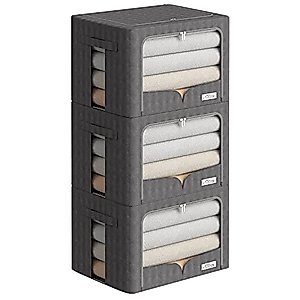 3 Pack Clothes Storage Organizer Bins - Foldable Metal Frame Storage Box Stackable Container Organizer Set with Carrying Handles and Clear Window (Large-66L-19.7x 15.7x 12.6 Inches, Dark Grey)