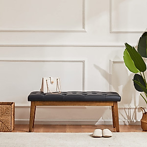 HUIMO Entryway Bench, Black Leather, Solid Wood, Durable and Wear-Resistant