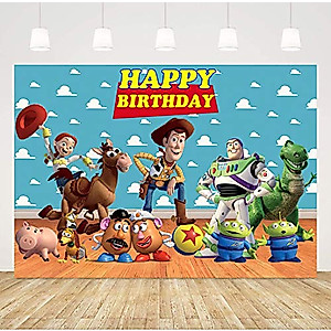 Cartoon Toy Story Birthday Party Theme Photography Backdrops Blue Sky White Clouds Banner Kids Birthday Party Photo Background Cake Table Decoration Supplies Studio Booth Props 5x3ft Vinyl