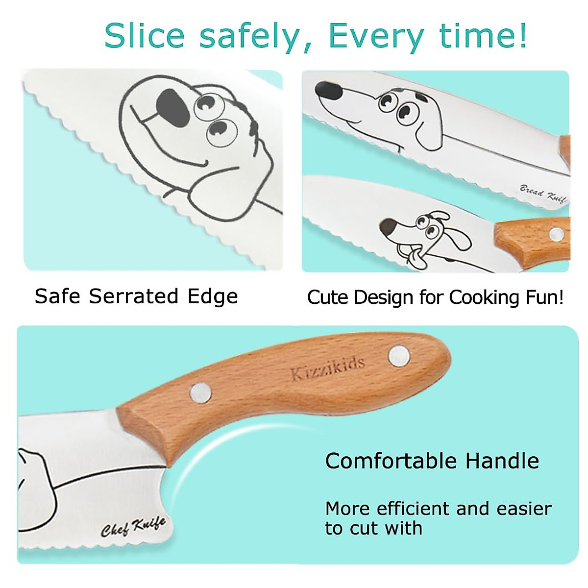 Kizzikids Kids Safe Knife Set for Real Cooking, 4-Piece Kids Knife Set Round Tip, Serrated Edges Kitchen Knife for Kids, Firm Grip Children Knives, BPA-Free Metal Kids Knife Set
