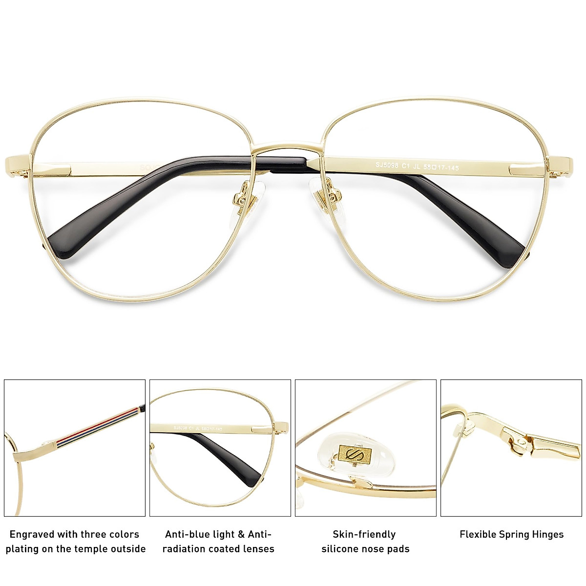 SOJOS Oversized Aviator Blue Light Blocking Glasses for Women Men, Metal Frame Clear Lens Eyeglasses SJ5098, Gold Frame/Anti-Blue Light Lens