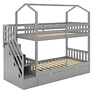 DEYOBED Twin Over Twin Wooden Bunk Bed with Storage Staircase for Kids and Teens