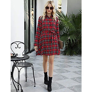 FANCYINN Womens Christmas Plaid Dresses Flannel Button Down Long Sleeve Shirt Dress Winter Casual Dresses Mini Dress with Pockets Red & White & Black L