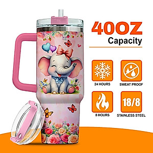 99WHALE Elephant Gifts, Tumbler 40 Oz With Handle Lid And Straw, Elephant Floral, Insulated Simple Stainless Primrose Coffee Parade Flower Red Heart Quartz Yellow Steel Camelia