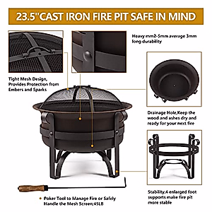 WeCooper Steel Cauldron Fire Pits, Outdoor Round Wood Burning Fire Pit Bowl with Mesh Screen,Fireplace Poker,23.5Inch