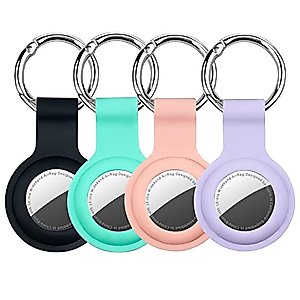 Airtag Holder & Airtag Keychain Compatible with Apple AirTag, Protective Silicone Airtag Case Key Ring for Cat Collar, Dog Collar, Luggage, Keys (4pack Black/Green/Pink/Purple)
