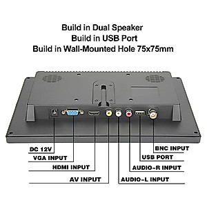 LONCEVON 10 inch Portable HDMI Monitor Mini VGA Monitor Screen for PC/Camera/TV/Raspberry PI/Gaming; 1024x600 Pixel Support 1920x1080P Resolution; with Dual Speakers and USB Port