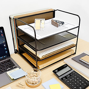 CAXXA 4 Tier Mesh Document Trays with Vertical Upright Section for Hanging File Holders, Mesh Office Supplies Desk Organizer, Black
