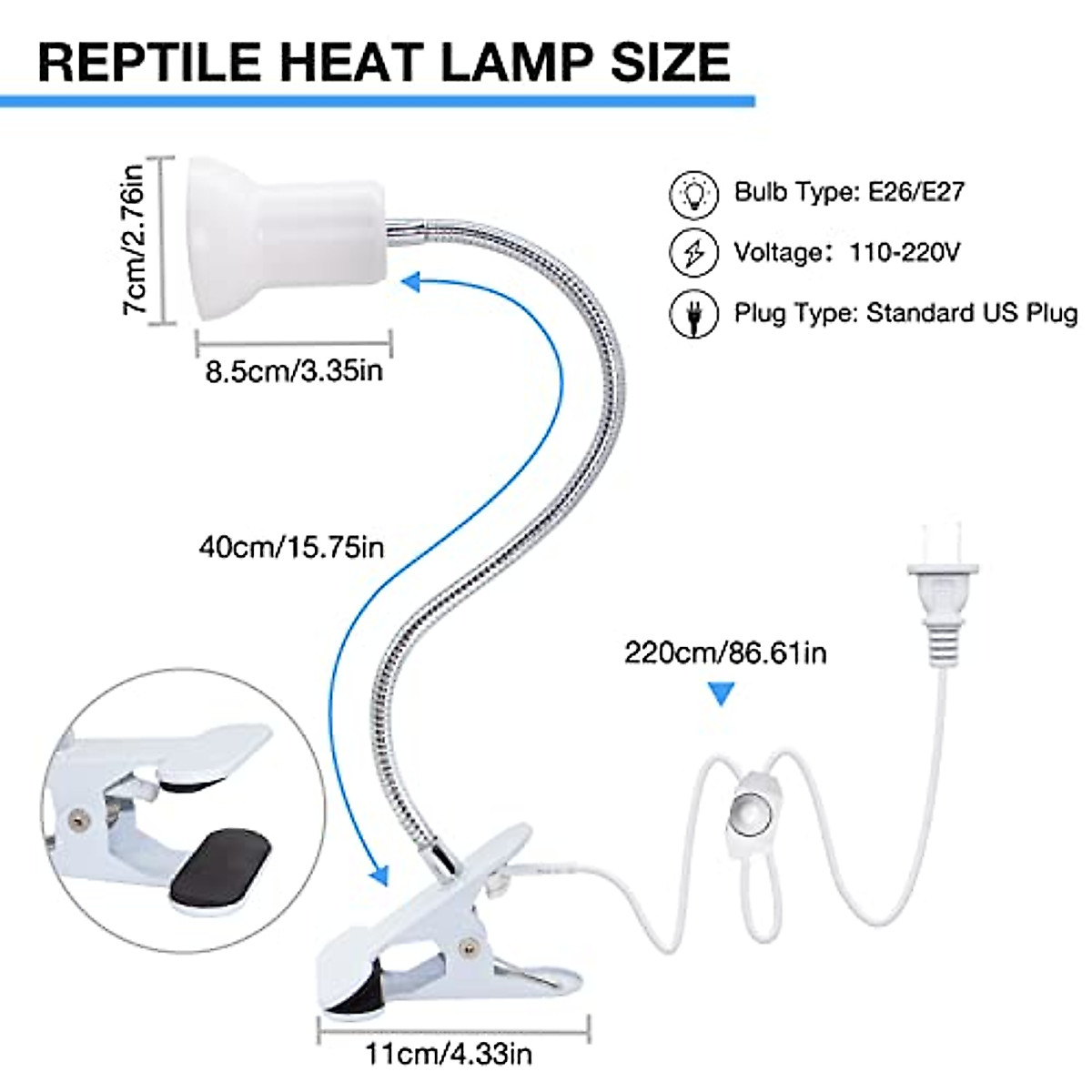 Turtle Heat Lamps,Small Heat Lamp for Turtle Tank,Turtle Light with 10mm Thick Gooseneck,360° Rotatable Heat Lamp with Clamp,Reptile Light for Bearded Dragon/Turtle/Lizard,1PC (No Bulb)