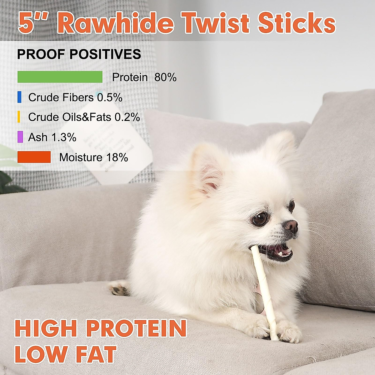MON2SUN Dog Rawhide Twist Sticks Natural 5 Inch Thin Sticks Rawhide Chews Dog Treats for Puppy and Small Dogs 60 Count, 12.7oz