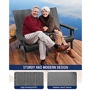 POWERWOOD Modern Adirondack Chair, Oversized HDPE Folding Adirondack Chairs Wood Texture, Higher Back All Weather Plastic Adirondack Chair Set with Cup Holder, Fire Pit Chairs for Outdoor Patio (Grey)