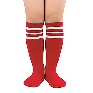 Zando Girls Soccer Socks Kids Cotton Baby Socks Warm Knee High Socks Toddler Girl Uniform Socks School Football Team Socks Youth Long Tube Socks Athletic Warm Socks Red White Striped One Size