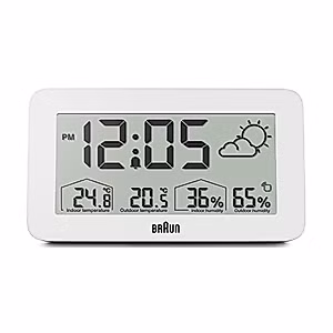 Braun Digital Weather Station Clock with Indoor and Outdoor Temperature and Humidity, Forecast, LCD Display, Quick-Set, Crescendo beep Alarm in White, Model BC13WP.