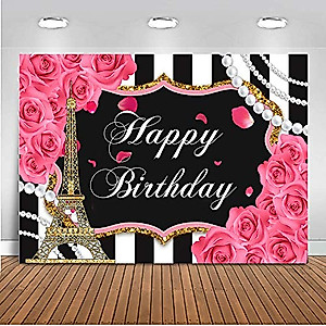 Mocsicka Paris Birthday Backdrop 7x5ft Black White Stripe Pink Rose Effel Tower Happy Birthday Photo Booth Backdrops Sweet 16th Photography Studio Background