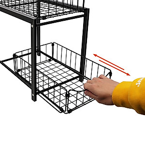 Under Sink Storage, 2 Tier Cabinet Organizer with Sliding Drawer, Easy to Assemble Pull-Out Storage Mesh Basket, Organization for Bathroom, Kitchen, Home (Black)