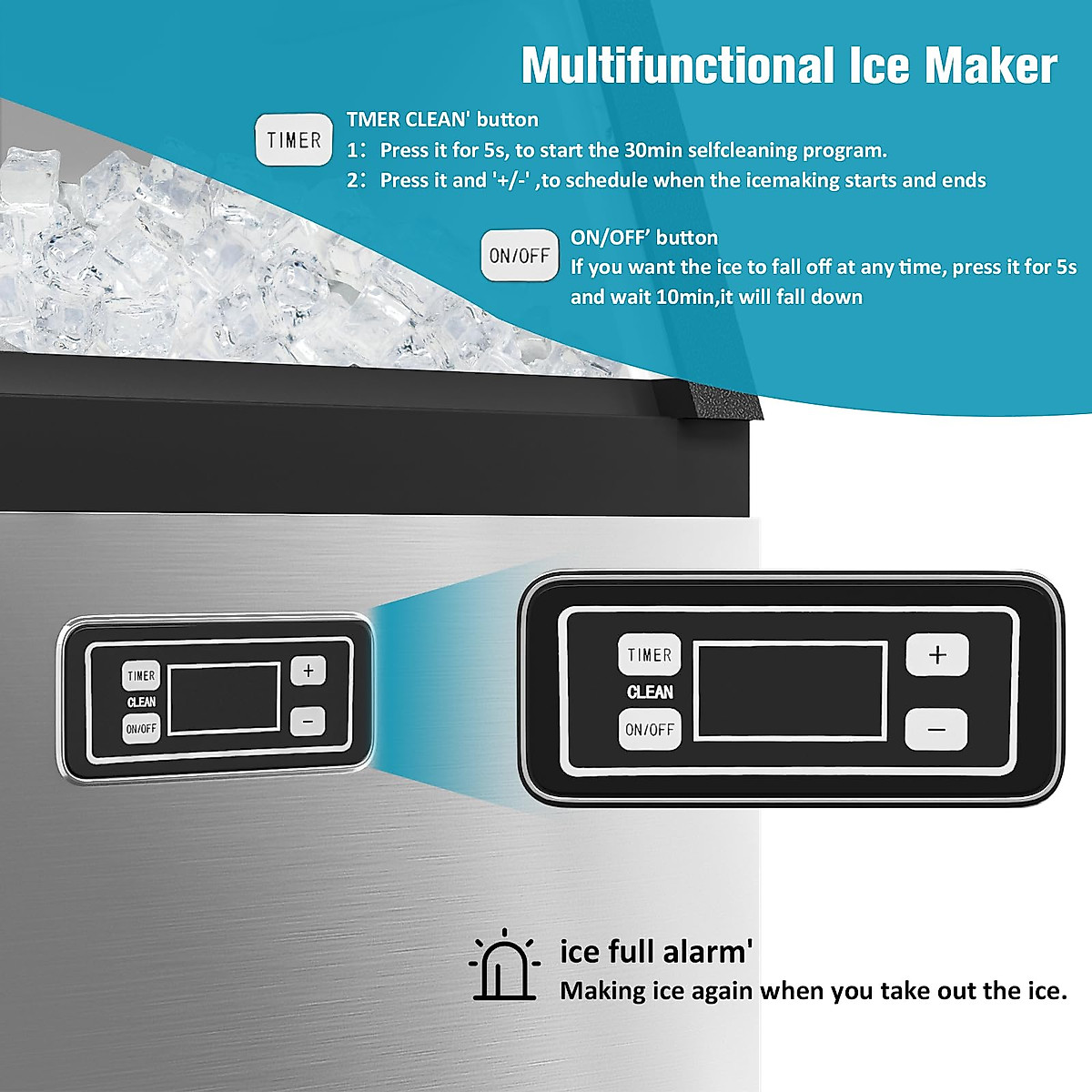 Erivess 120 lbs/24H Commercial Ice Maker,48 Cubes/11mins, 33 lbs Ice Storage Capacity, Counter Ice Maker Self Cleaning, 24 Hour Timer Stainless Steel Freestanding Ice Maker Machine (120lbs/day)