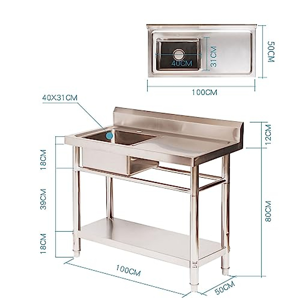 Commercial Stainless Steel Sink, With Bracket And Shelf, Integrated Sink For Kitchen And Home Use, 100CM