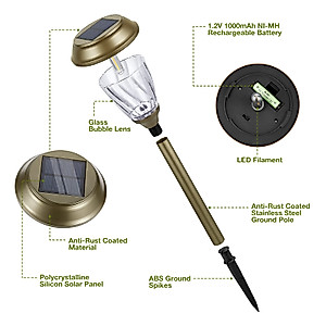 XMCOSY+ Solar Lights Outdoor Waterproof, 6 Pack Solar Pathway Lights 10-25 LM Dimmable Auto On/Off Garden Lights Solar Powered IP65 Waterproof, Stainless Steel Glass LED Landscape Lighting for Yard