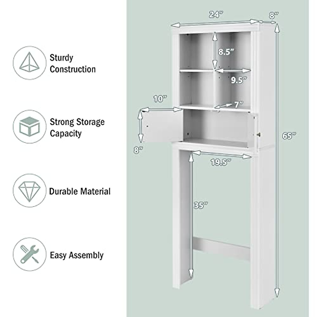 LOKO Over The Toilet Storage Cabinet, 2-Door Tall Bathroom Organizer w/ 4 Open Compartments & Adjustable Shelves, Modern Simple Toilet Space Saver, Ideal for Bathroom Laundry Balcony (White)