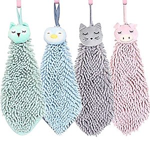 4 Pack Cute Chenille Soft Hanging Hand Towels Funny Owl Penguin Absorbent Thick Kitchen＆Bathroom Towel