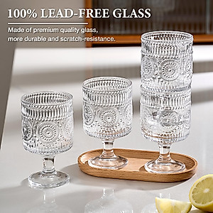 6 Packs Vintage Goblet Glasses, 8 oz Wine Glasses, Embossed Floral Glass Cups Set, Clear Drink Glasses, Drinking Goblets, Bar Tumbler Glassware for Iced Tea, Wine, Beer, Juice, Cocktail, Whiskey