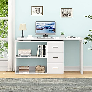 HSH White L Shaped Desk with Drawers Shelves, L Shaped Computer Desk with Storage Cabinet, Corner Home Office Desk for PC Executive Writing Study Work, Reversible Bedroom Wood Computer Table, 55 Inch