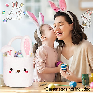 LUBOT Easter Basket for Kids 3D (9inch*9inch) Plush Bunny Baskets with Foldable Ears Egg Hunts bucket for Boys and Girls Easter Decoration Bag Gift, Pink