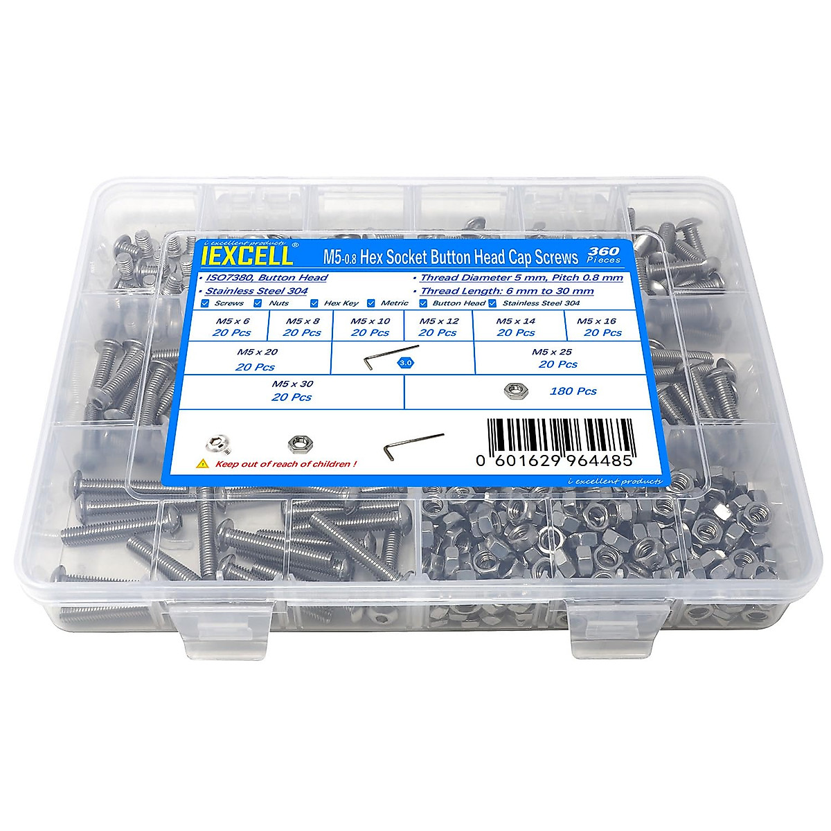 iexcell 360 Pcs M5 x 6/8/10/12/14/16/20/25/30 Stainless Steel 304 Hex Socket Button Head Cap Screws Bolts Nuts Assortment Kit