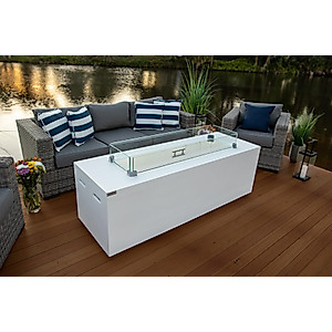 70" Linear Rectangular Modern Concrete Fire Pit Table w/Glass Guard and Crystals (White)