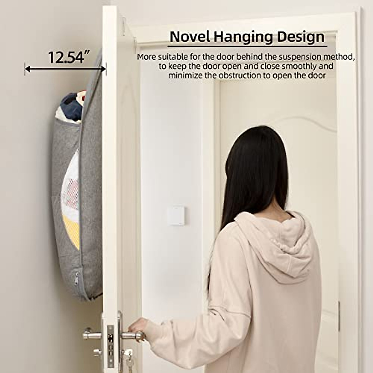 KOOZTI Hanging Laundry Hamper Bag, Over the Door Laundry Bag with U-Shaped Bottom Zipper Opening, Breathable Honeycomb Mesh window, Space Saving Laundry Bag with 2 Types of Hooks