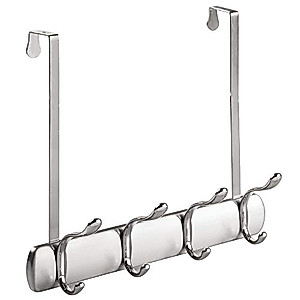 iDesign Bruschia Metal Over the Door Hanging 4-Hook Rack for Coats, Hats, Robes, Towels in Bathroom, Bedroom, Dorm, Entryway, 13" x 4.42" x 11.25", Brushed Nickel and Chrome