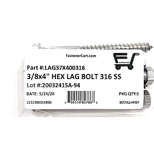 3/8 x 4 316 Stainless Steel Hex Head Lag Bolts Lag Screws Marine Grade (5 Pieces)