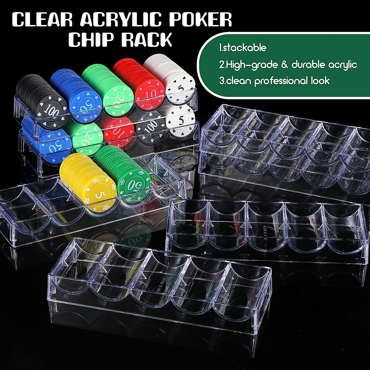 Yulejo 10 Pieces Poker Chip Trays Acrylic Poker Chip Rack Poker Chip Holder Poker Chip Cases for Casino Game