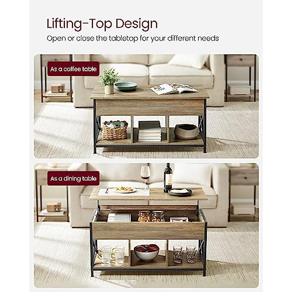 VASAGLE Lift Top Coffee Table for Living Room, Industrial Coffee Table with Hidden Compartments and Storage Shelf, Steel Frame, 19.7 x 39.4 x (19.3-24.4) Inches, Oak with Blue Grains ULCT202B60