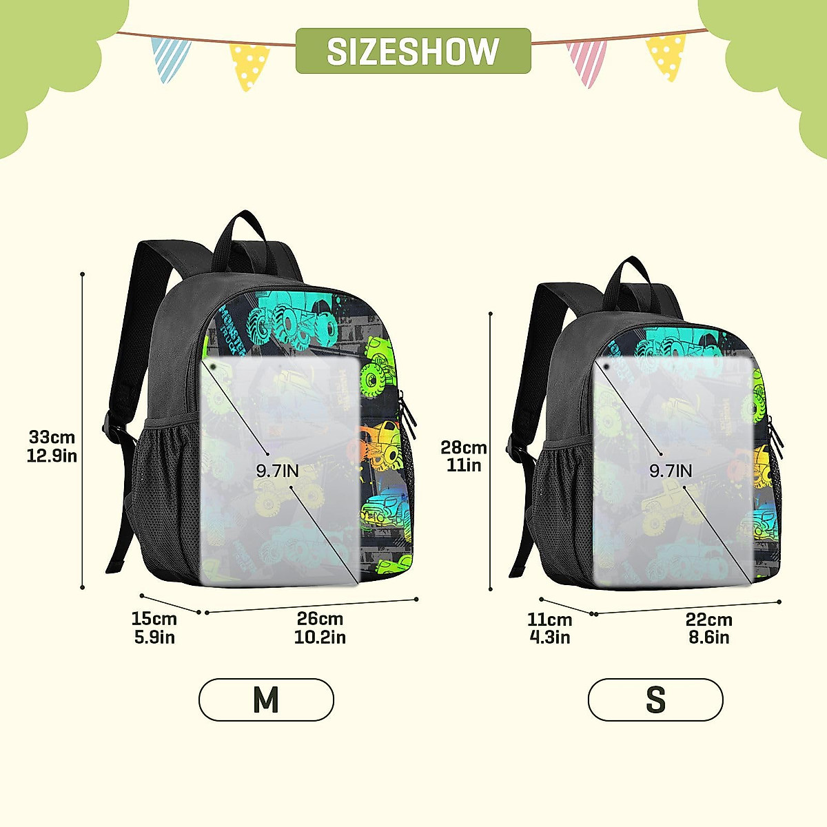 Sletend Toddler Backpack Colorful Monster Truck Waterproof Mini Backpack Boys/Girls Cute Small Backpack Kindergarten Pre School Bags (S)