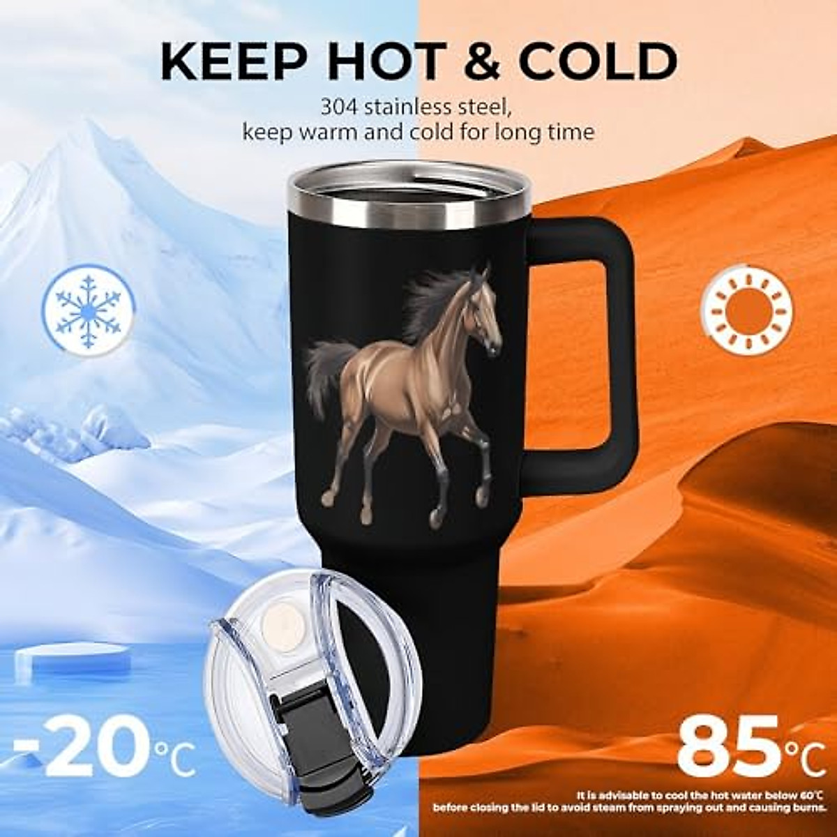 Running Arabian Horse 40oz Water Bottle Double Wall Insulated Tumbler with Handle Leakproof Travel Mug Black-style