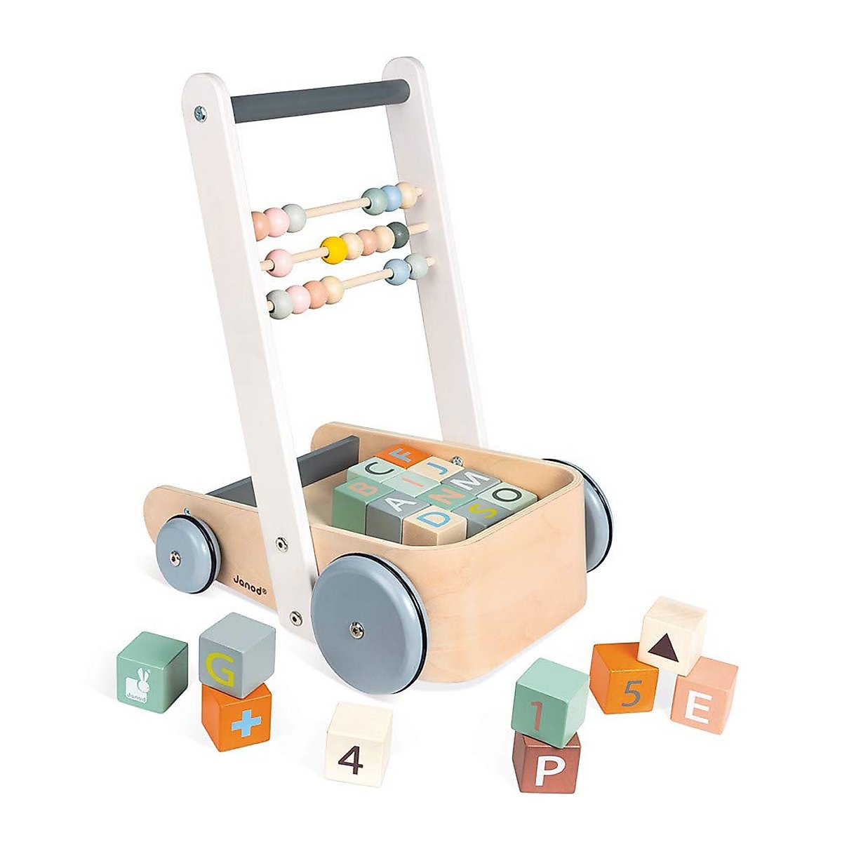 Janod Sweet Cocoon ABC Block Cart Push Toy with 20 ABC Blocks - Ages 1+ - J04408