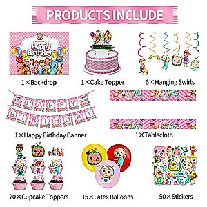 Pink Cartoon Party Decorations, Birthday Party Supplies Party Kit for Girls Include Happy Birthday Banner, Backdrop, Balloons, Cake Topper, Hanging Swirls, Stickers, Tablecloth