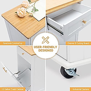 VINGLI Tilt Out Trash Cabinet with Drawer and Cutting Board, 10 Gallon Hidden Trash Can Cabinet, Freestanding or Rolling Garbage Can Cabinet for Kitchen, Living Room, Dinning Room, White Wood