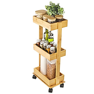 TOPZEA Slim Storage Cart, 3-Tier Bamboo Rolling Utility Cart Standing Rack on Wheel, Mobile Shelving Unit Organizer Serving Trolley Slide Out Cart for Office Bathroom Kitchen Laundry Room(Upgraded)